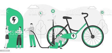 전기 자전거를 충전하고 펌핑하는 사람들 남성 여성 캐릭터는 여행 스포츠 생활 또는 여가 시간에 자전거를 사용합니다 에코 전송 생태 보호 건강한 라이프 스타일 선형 벡터