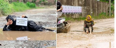 9 potret selebgram ummu hani pose cantik mandi lumpur di jalan rusak