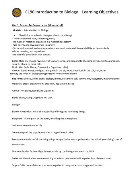 Bio Learning Objectives Terms 2020 UNIT 1 BIOLOGY THE SCIENCE OF LIFE MODULES 12 Module 1
