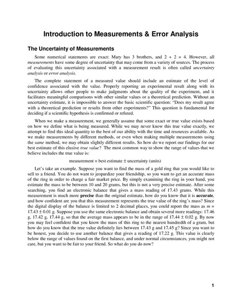 Introduction To Measurements And Error Analysis Exercises Physics Docsity