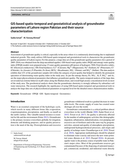 Gis Based Spatio Temporal And Geostatistical Analysis Of Groundwater Parameters Of Lahore Region