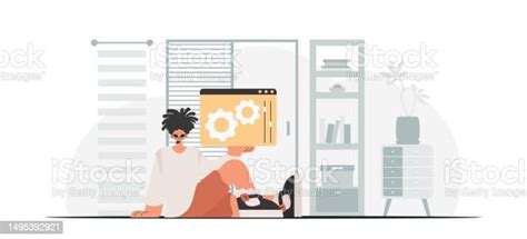 그 사람은 기어가 있는 브라우저 창을 들고 있습니다 Seo 및 웹 분석 주제 트렌디한 스타일 벡터 일러스트레이션 개념에 대한