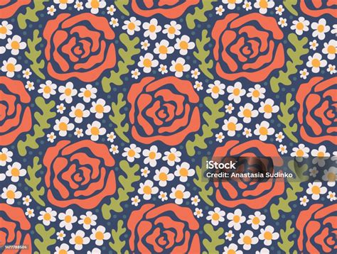 검은 배경에 추상 장미와 데이지 꽃이 있는 그루비 패턴 현대 순진한 그루비 펑키 인테리어 장식 그림 1970 1979 년에 대한