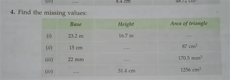 4 Find The Missing Valuesbegin Tabular C C C C And Base And Height