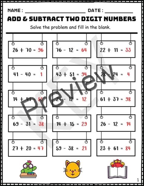 Horizontal Add And Subtract Two Digit Numbers Without Regrouping Worksheets
