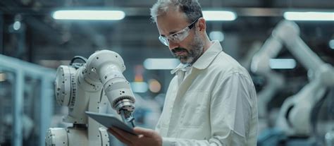 Engineer Inspecting Industrial Robotic Arm With Tablet Premium Ai