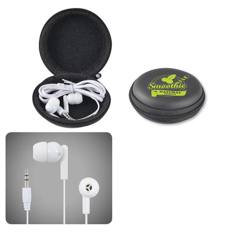 Promotional Earbud Headphone Set In Round Eva Zippered Case Bongo