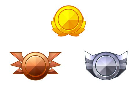 Set Of Game Rank Icons Isolated Bronze Silver And Gold Game Badges Buttons In Circle Frame