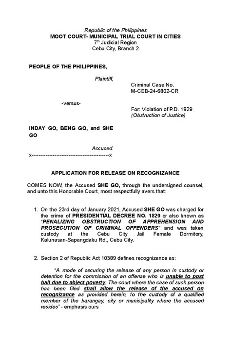 Application For Release On Recognizance Of She Go Sample Application