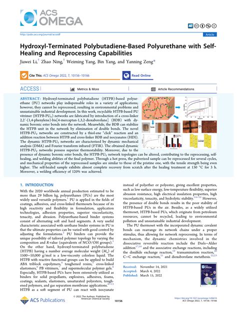 Pdf Hydroxyl Terminated Polybutadiene Based Polyurethane With Self Healing And Reprocessing