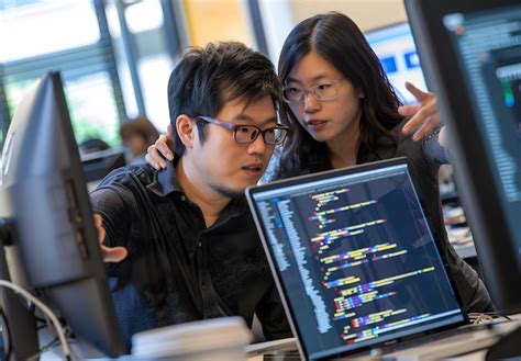 Software Developers Collaborating On A Project In An Office Premium