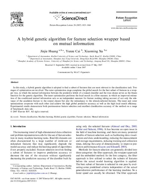 Pdf A Hybrid Genetic Algorithm For Feature Selection Wrapper Based On
