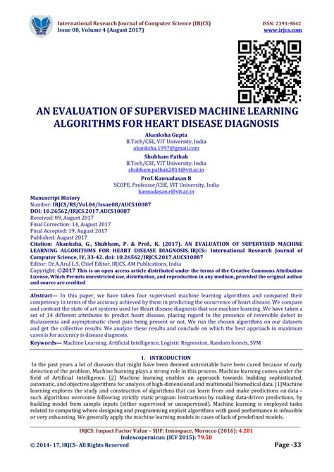 Pdf An Evaluation Of Supervised Machine Learning Algorithms For Heart Disease Diagnosis