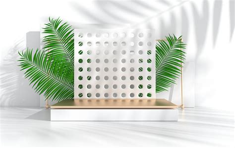 기하학적 모양의 3d 렌더링 스튜디오 바닥에 연단 제품 프레젠테이션을 위한 플랫폼 배경 모의 최소한의 디자인의 추상적 구성 열대