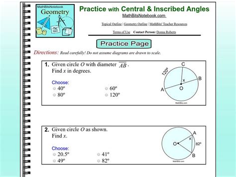 math bits notebook practice with central and inscribed angles handout