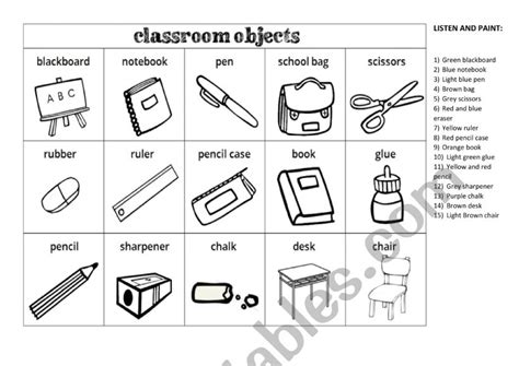 Classroom Objects Learn Listen And Paint Esl Worksheet By