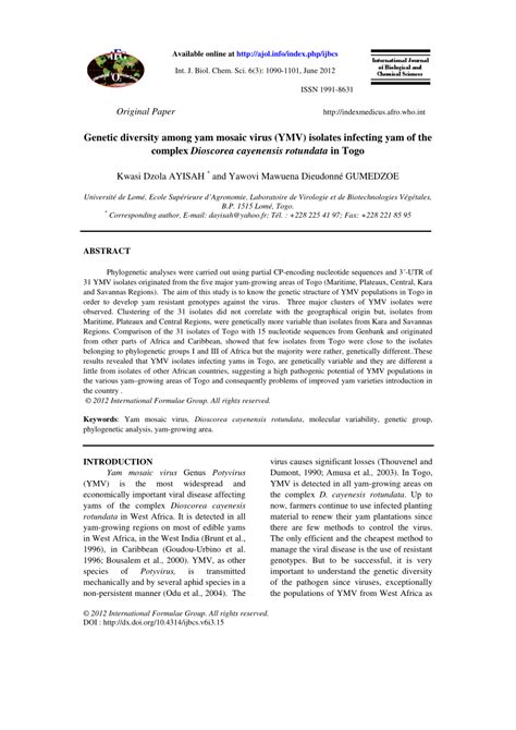 Pdf Genetic Diversity Among Yam Mosaic Virus Ymv Isolates Infecting