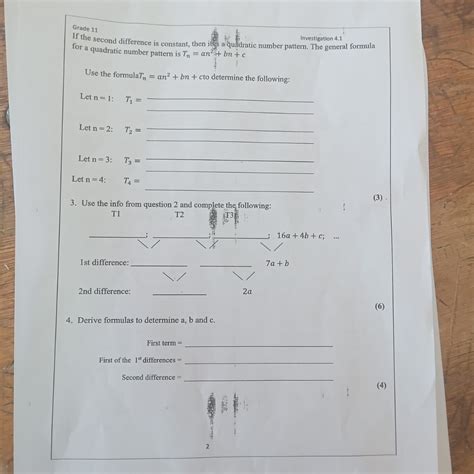 Grade 11 For A Qual Formula For A Quadratic Number Pattern Is Tn An2bn