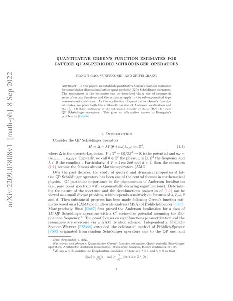 Pdf Quantitative Greens Function Estimates For Lattice Quasi Periodic Schrodinger Operators