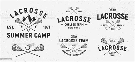 벡터 라크로스 로고 세트입니다 5 빈티지 라크로스 엠블럼 흰색 배경에 고립 된 라크로스 스틱과 공 라크로스 클럽 엠블럼 로고 스포츠 팀 여름 캠프 대학 라크로스에 대한 스톡