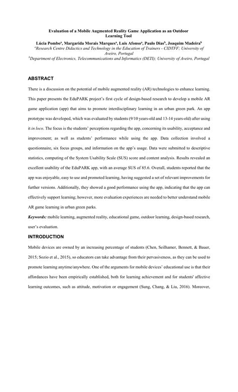 Pdf Evaluation Of A Mobile Augmented Reality Game Application As An
