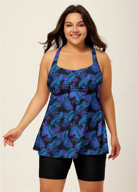 Purple Plants Print Square Neck Flowy Modest Plus Size Tankini Swimsuit