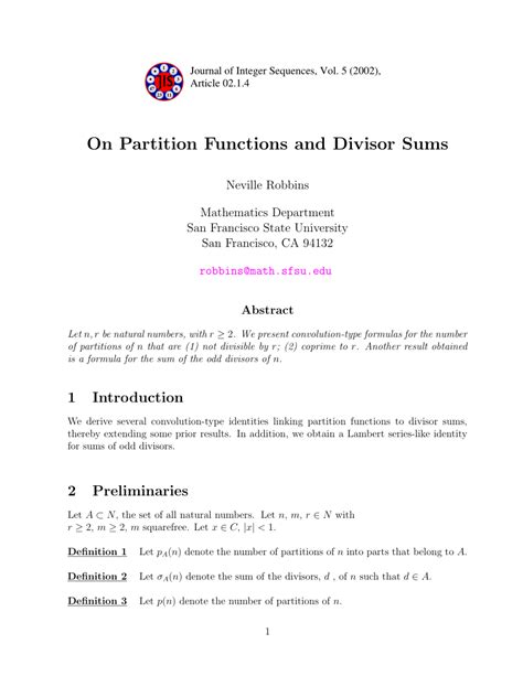 Pdf On Partition Functions And Divisor Sums