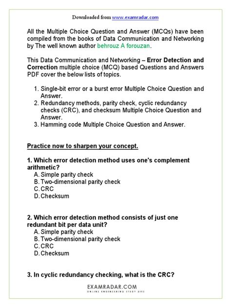 Ch 10 Error Detection And Correction Multiple Choice Questions And Answers Mcq Pdf Data