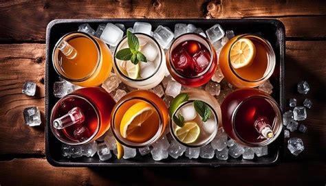 Overhead Shot Of Assorted Cold Drinks On Ice In A Rustic Cooler Premium Ai Generated Image