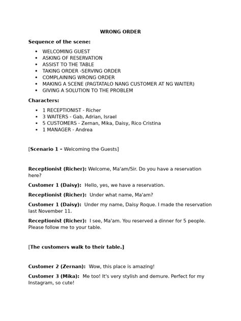 wrong order script pdf waiting staff steak
