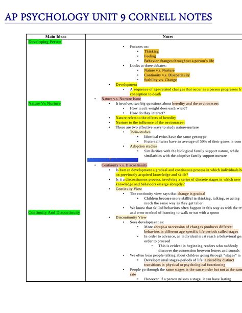 Ap Psychology Unit 9 Cornell Notes