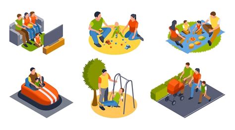 아이소메트릭 만화 가족 장면 미니 구성 세트 프리미엄 벡터