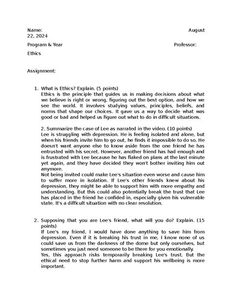 Ethics Assignment Name August Program Year Professor