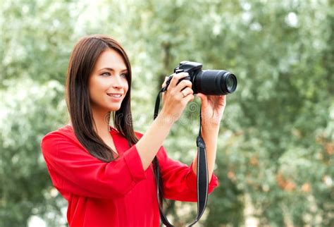 Young Beautiful Amateur Female Photographer New Dslr Camera Stock