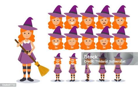 할로윈 축제trick 또는 치료에 대한 마녀 의상을 입은 어린 소녀 전면 측면 백 뷰 애니메이션 문자 벡터 캐릭터 생성 세트 만화 스타일 플랫 벡터 일러스트레이션 공휴일에