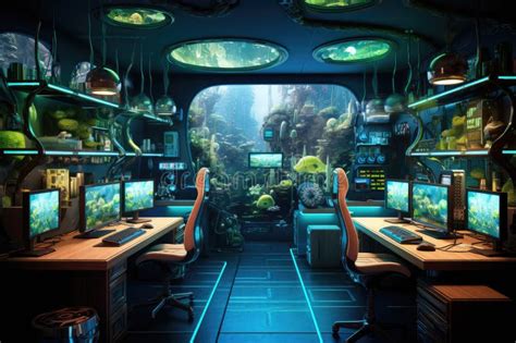 Futuristic Gaming Room With Monitors And Computers 3d Rendering Of A Computer Room With A Lot