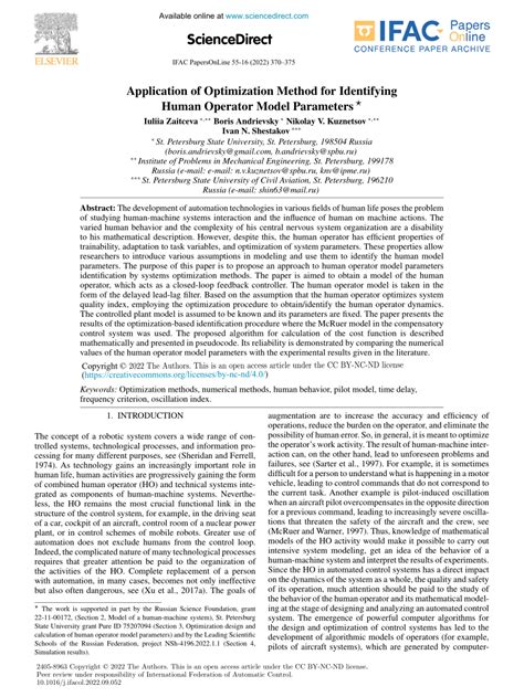 PDF Application Of Optimization Method For Identifying Human Operator Model Parameters