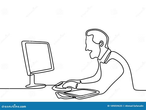One Line Drawing Of Man Working With Laptop Computer Behind Desk Young