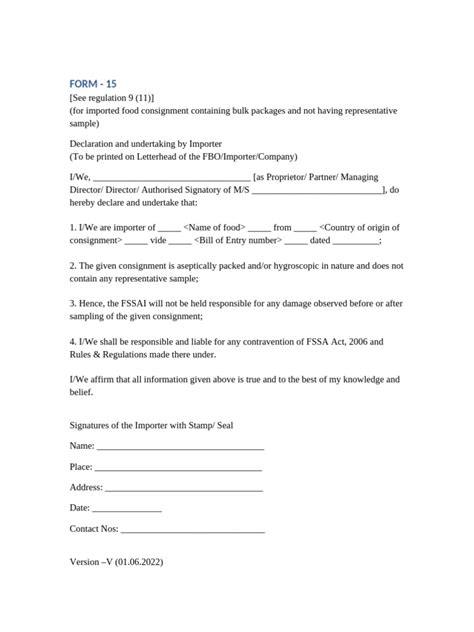 Fssai Form 15 Importer Declaration Pdf