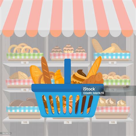 쇼핑 바구니에 베이커리 제품 배너 밀 호밀 및 통곡물 빵 프레첼과 베이글 시아바타와 머핀 크루아상과 프렌치 바게트 롱 로프와