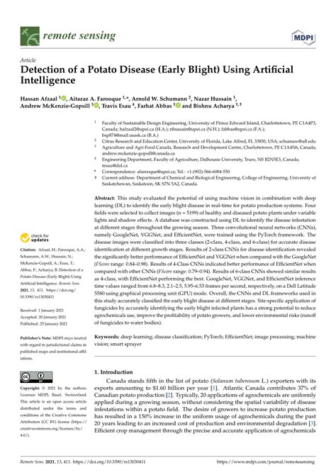 Pdf Detection Of A Potato Disease Early Blight Using Artificial Intelligence