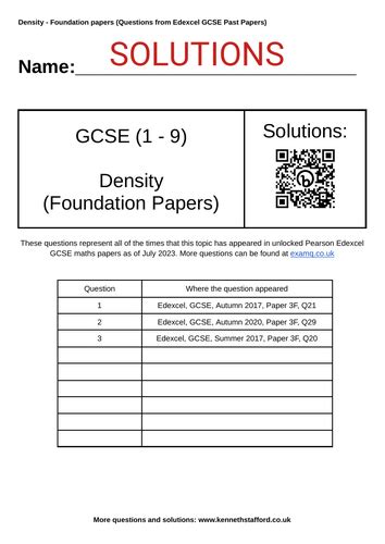 Density Foundation Gcse Maths Past Paper Questions Teaching Resources