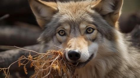 Premium Ai Image A Wolf Is Eating A Branch Of Grass
