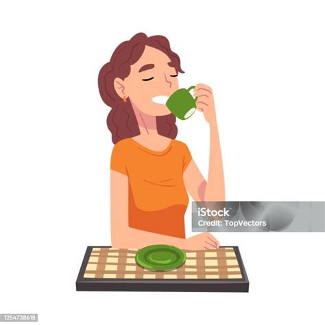 차를 마시는 젊은 여자 맛있는 음식 만화 벡터 일러스트의 먹는 것을 즐기는 체크 테이블 보와 테이블에 앉아 쾌활한 소녀 벡터에
