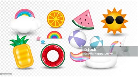 여름 요소의 집합입니다 태양 구름 무지개 불가사리 오렌지 비치 볼 투명 한 배경에 고립 된 팽창식 수영장 플로트 장난감의 컬렉션