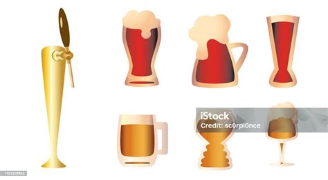 평면 손으로 그린 빨간색과 호박색 맥주 머그잔 아이콘 및 맥주 탭 흰색 절연의 집합입니다 Ipa 인도 창백한에 일 맥주 데이 파티 컨셉 0명에 대한 스톡 벡터 아트 및 기타