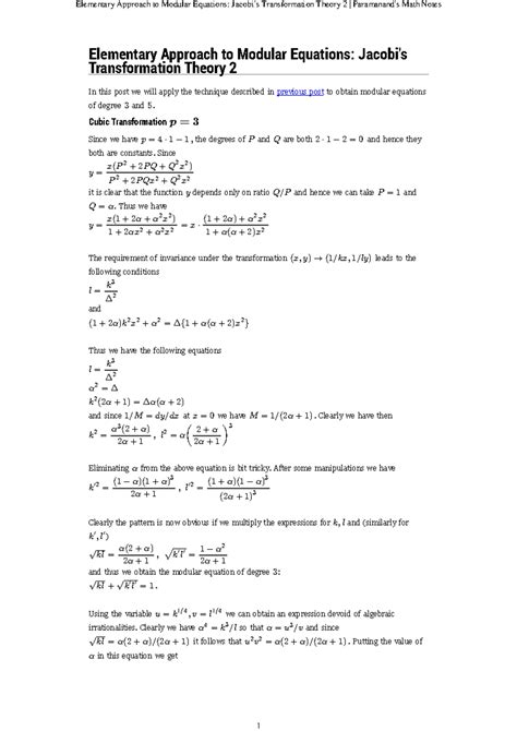 2011 10 Elementary Approach To Modular Equations Jacobis Transformation