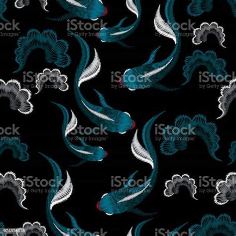 자 수 아름 다운 민족 Koi 물고기와 완벽 한 패턴입니다 패션 섬유 및 직물에 대 한 벡터 자 수입니다 중국 문화에 대한 스톡 벡터 아트 및 기타 이미지 Istock