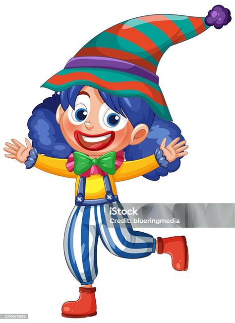파란 머리 줄무늬 바지 화려한 모자를 쓴 쾌활한 광대의 생생한 벡터 일러스트 레이 션 고객 참여에 대한 스톡 벡터 아트 및 기타 이미지 고객 참여 공연자 놀이