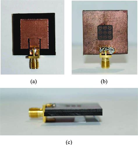 fabricated antenna in sample c md substrate with 3 × 3 srr array a